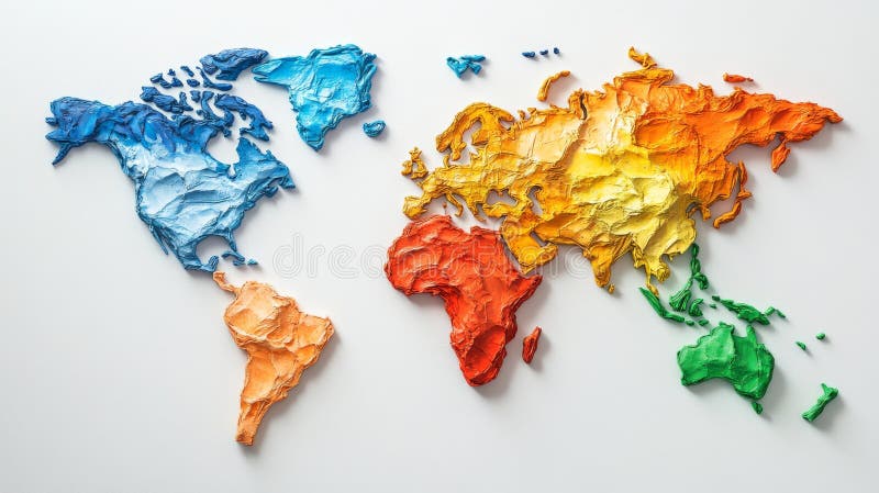 A Vibrant Clay Map of the World Displaying Continents Against a White ...