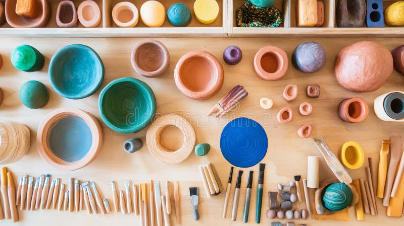 A Vibrant Clay Sculpting Station with Tools, Fresh Clay, and Molds ...