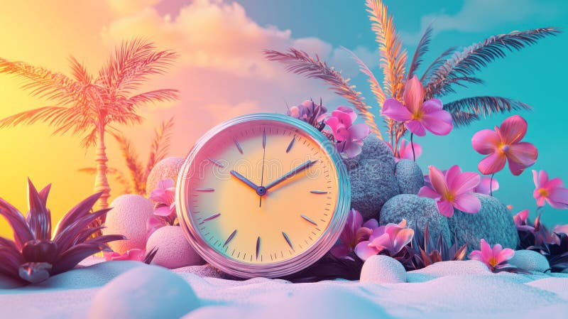 Vibrant Clock Surrounded by Tropical Flowers and Palm Trees ...