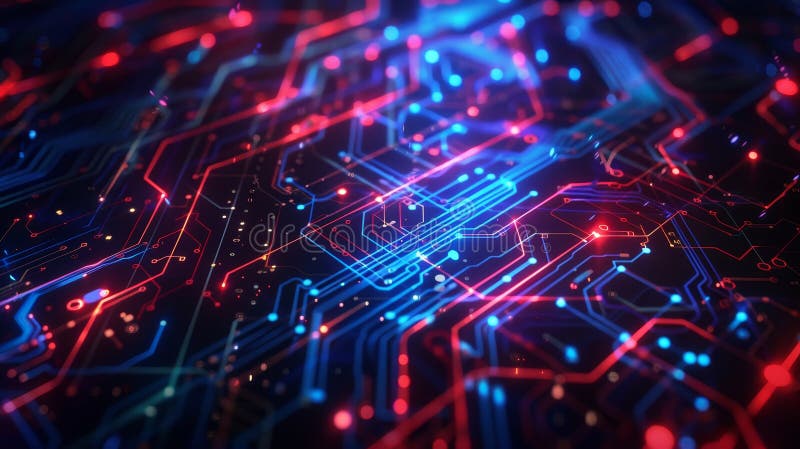 Vibrant Close-up of a Circuit Board with Red and Blue Electrical ...