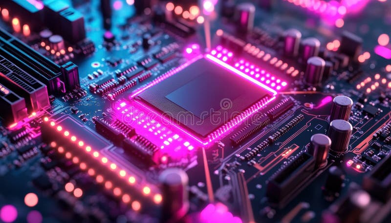 Vibrant Close-up of a Computer Motherboard with Glowing Components and ...