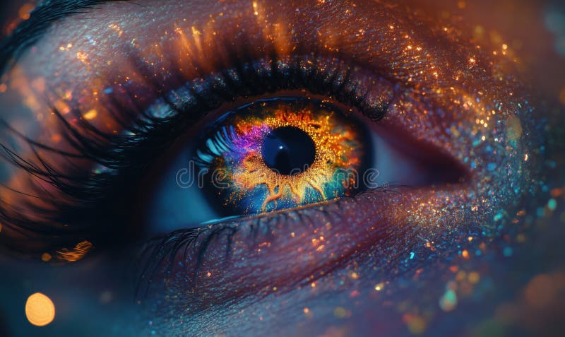 Vibrant Close-up of an Eye with Colorful Galaxy Patterns and Sparkling ...