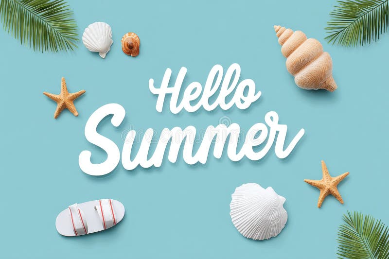 A Vibrant Close-up of a Hello Summer Message with Shells and Palm ...