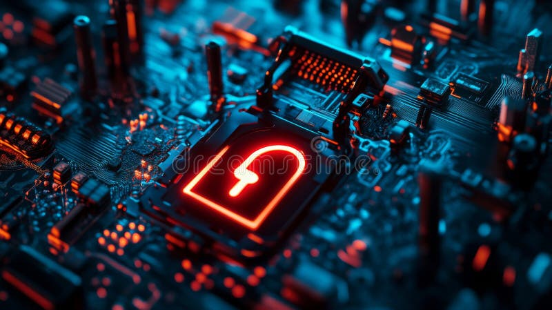 A Vibrant Close-up of a Microchip Featuring a Glowing Lock Symbol. this ...