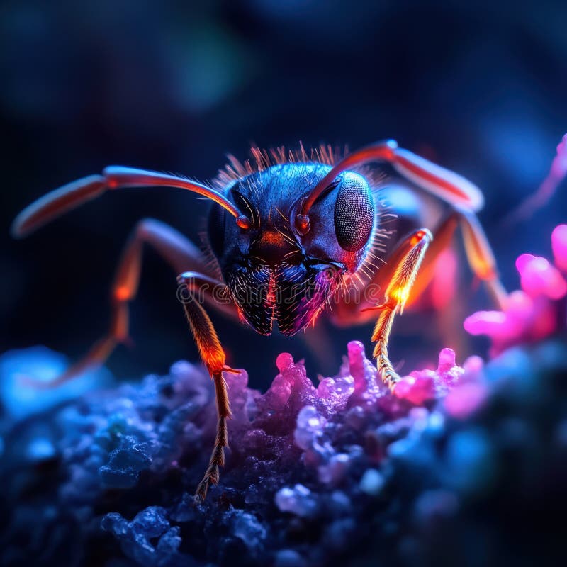 Vibrant Close-up of a Neon-lit Macro Wasp in Detailed Focus Stock Photo ...