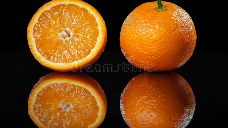 Vibrant Close Up of an Orange with Reflection on Mirrored Surface ...