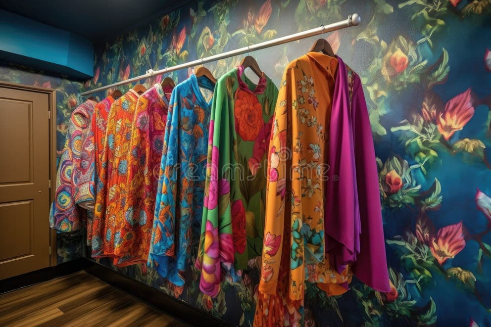 Vibrant Clothing Patterns Hanging in Dressing Room Stock Illustration ...