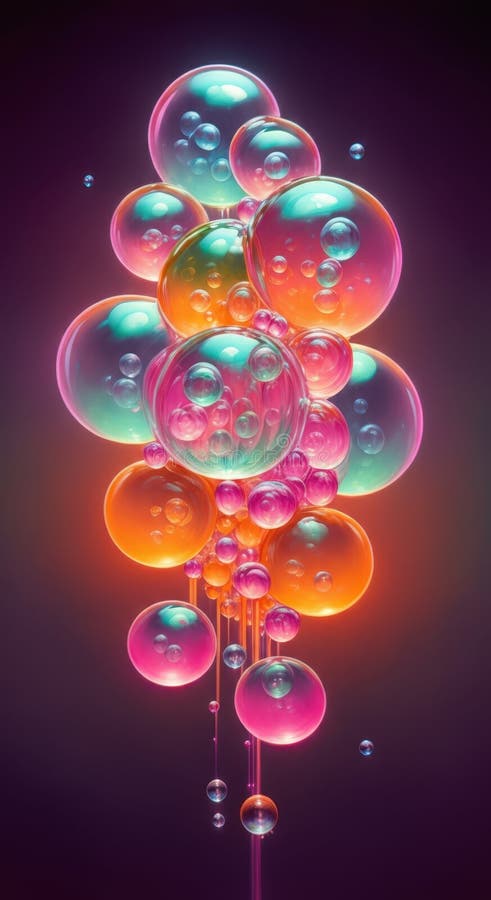 Vibrant Cluster of Colorful Translucent Bubbles with Neon Lighting on a ...