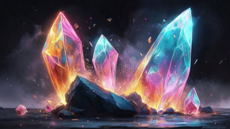 A Vibrant Cluster of Glowing Crystals Emerging from a Rocky Base ...