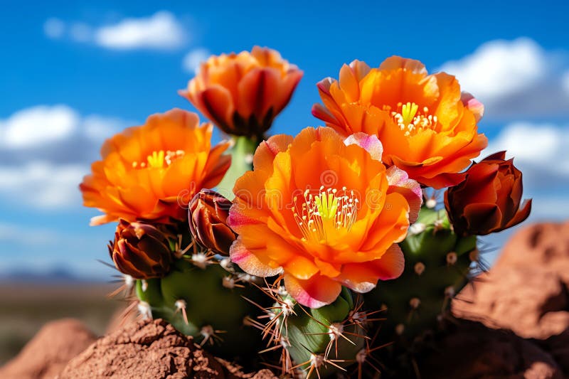 A Vibrant Cluster of Orange Cactus Flowers Bloom Against a Backdrop of ...