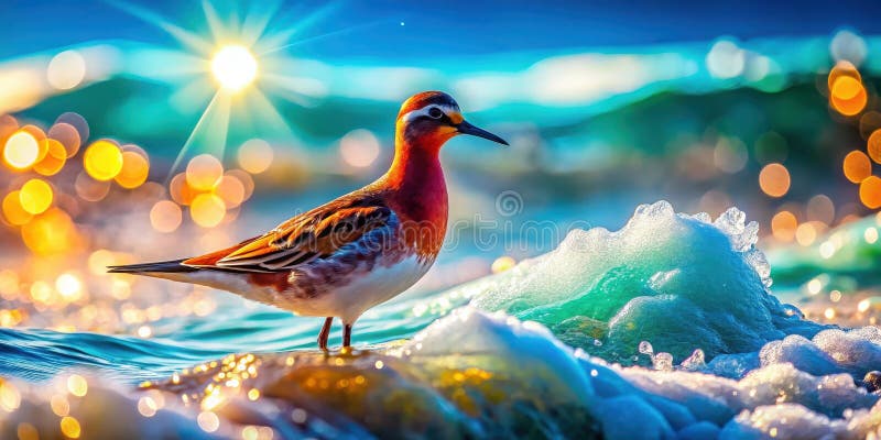 Vibrant Coastal Bird Perched on a Foamy Wave at Sunset. Generative AI ...