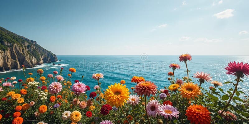 Vibrant Coastal Blooms Cascade Down a Cliffside Stock Illustration ...