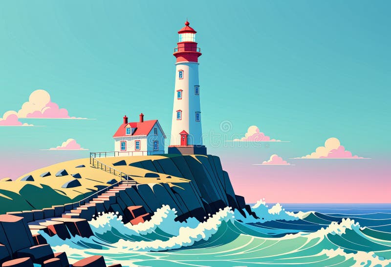 Vibrant Coastal Lighthouse at Sunset with Dynamic Waves and Clear Sky ...
