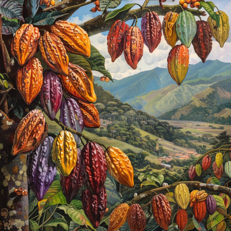 Vibrant Cocoa Pods on Trees with Scenic Landscape Background Stock ...