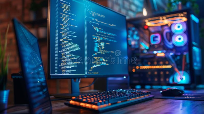 Vibrant Coding Workspace With Multiple Computer Screens Displaying Code Stock Image Image Of