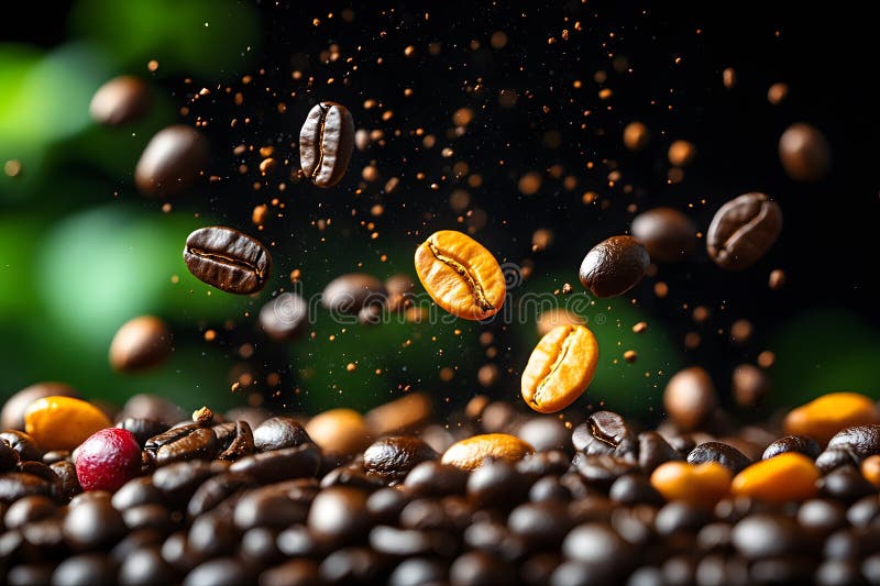 Dynamic Coffee Beans Exploding with Energy and Color for Beverage Art ...