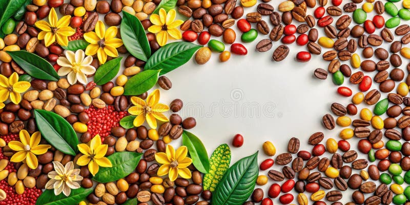 Vibrant Coffee Beans and Flowers Frame a Blank Space, Ideal for Text or ...