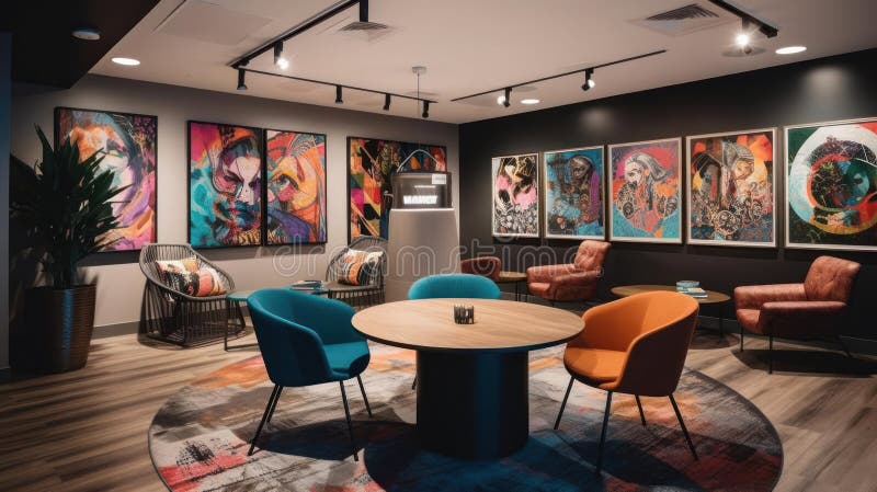 A Vibrant Collaboration Space with Bold Artwork and Trendy Furniture Created with Generative AI ...