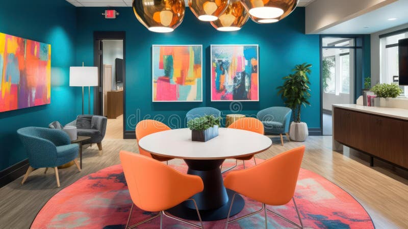 A Vibrant Collaboration Space with Bold Artwork and Trendy Furniture ...