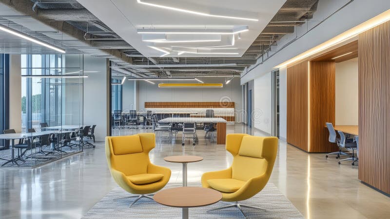 Vibrant Collaboration Zone Modern Office with Yellow Armchairs Natural ...