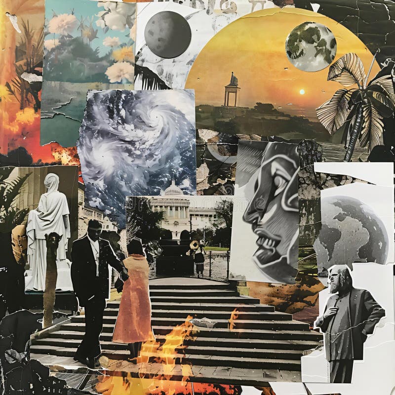 Vibrant Collage Combining Photographs People Statues Planets Buildings ...