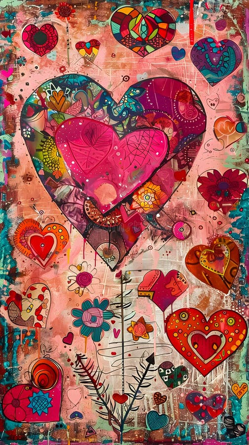 A Vibrant Collage of Colorful Hearts with Abstract Designs and Textures ...
