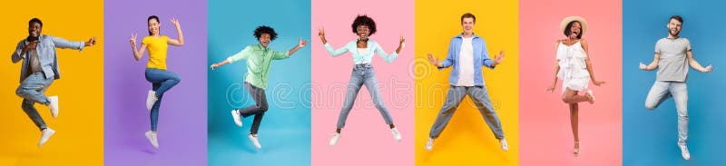 Vibrant Collage of Diverse People Jumping Against Colored Backgrounds ...