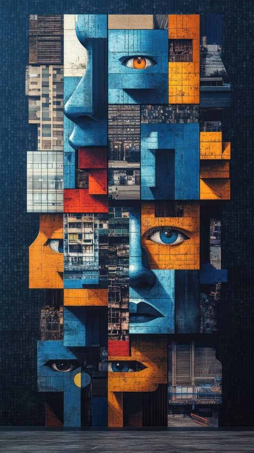 A Vibrant Collage of Faces and Abstract Shapes, Blending Colors and ...