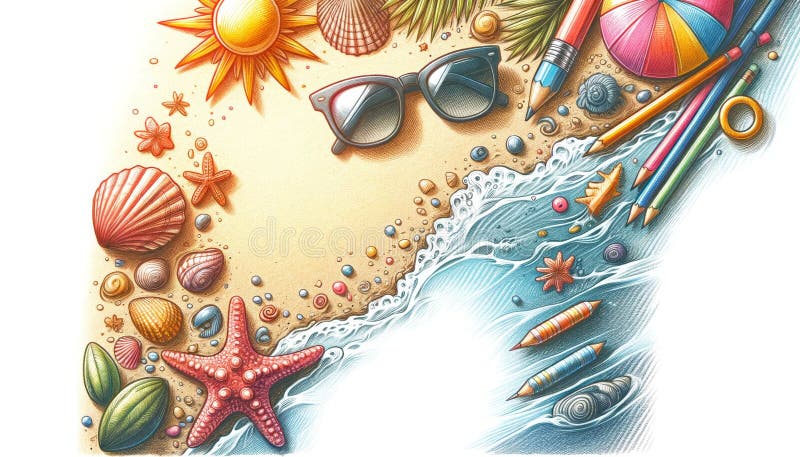 A Beach Collage with Summer Items, Seashells, and Ocean Elements Stock ...