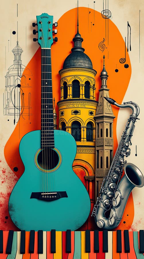 Vibrant Collage Featuring Musical Instruments and Architectural ...
