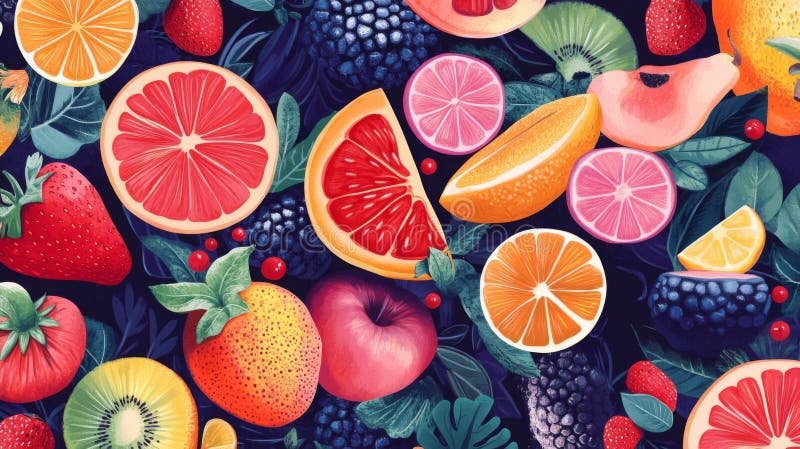 A Vibrant Collage of Fresh Fruit and Berries Stock Illustration ...