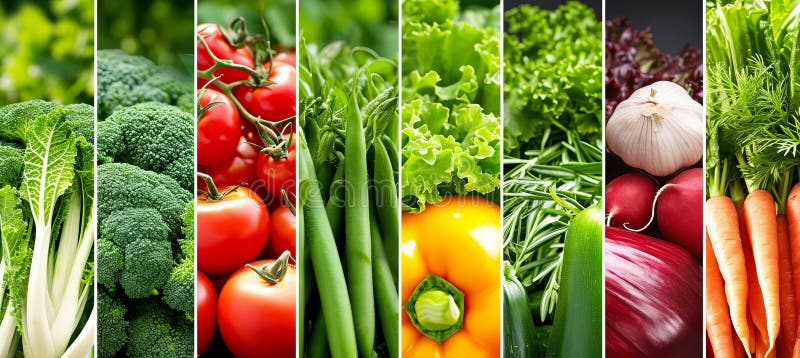 Vibrant Collage of Fresh Vegetables Divided with White Vertical Lines ...