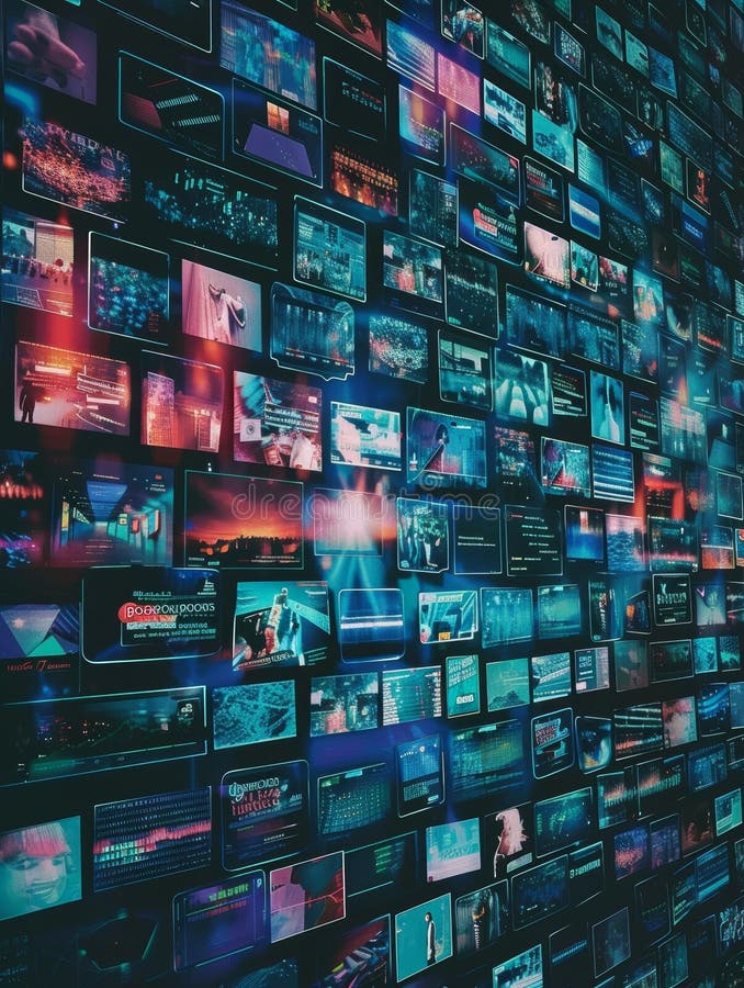 Vibrant Collage of Multimedia Content Displayed on a Wall of Screens ...