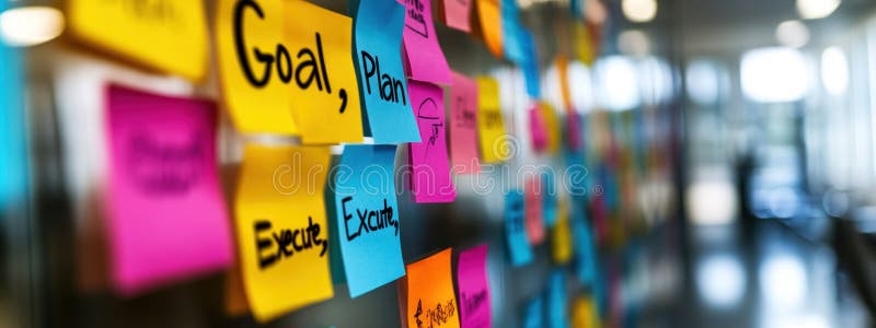 A Vibrant Collage of Sticky Notes on Glass Wall, Showcasing Goals and ...