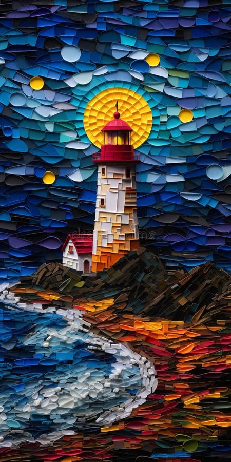Vibrant Collaged Lighthouse: a Colorful Evening Beach Mural Stock ...
