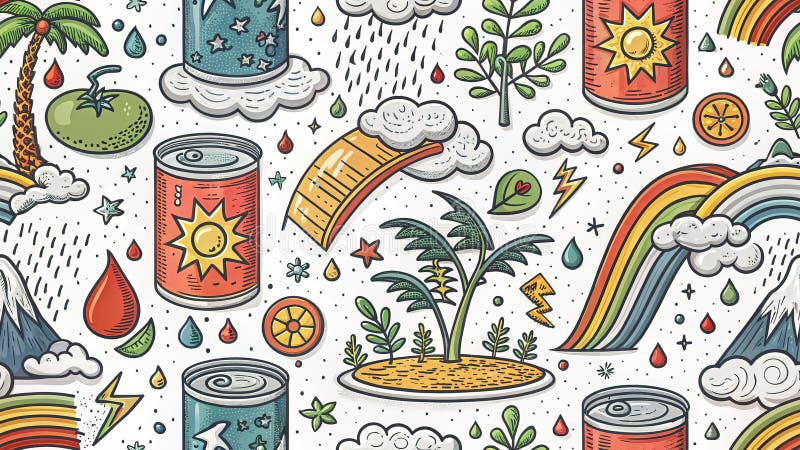 Abstract Illustrations of Canned Goods Weather Patterns and Disaster ...