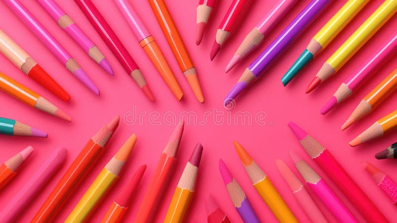 Vibrant Collection Colored Pencils Arranged Soft Pink Background Stock ...
