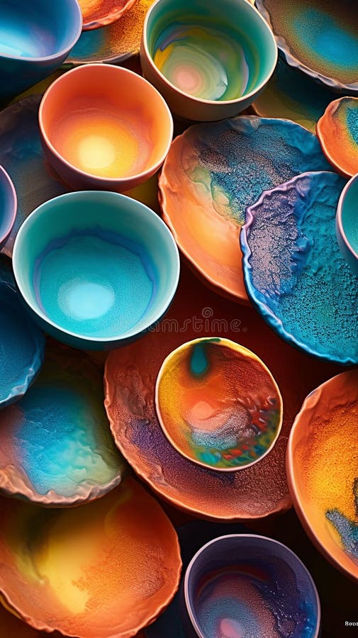 Vibrant Collection of Colored Porcelain Plates. AI-generated Stock ...