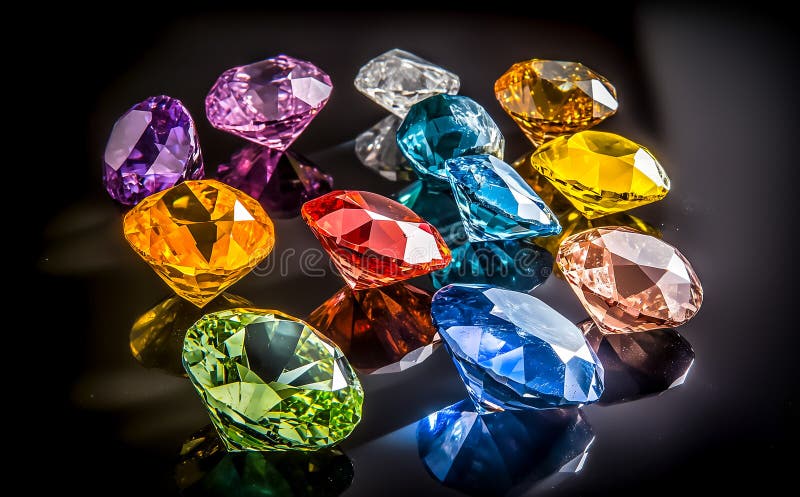 Vibrant Collection Colorful Gemstones Displayed Reflective Surface ...