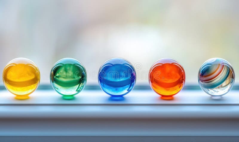 A Vibrant Collection of Colorful Glass Marbles Lined Up in a Row Shines ...