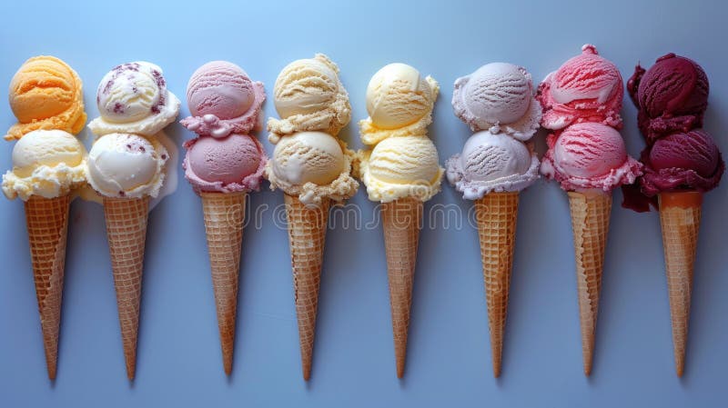Assorted Ice Cream Cones on Blue Background Stock Image - Image of ...