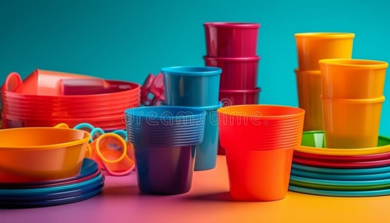 A Vibrant Collection of Disposable Kitchenware in a Colorful Stack ...