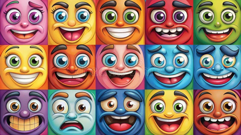 Vibrant Collection of Diverse Cartoon Faces Expressing a Wide Range of ...