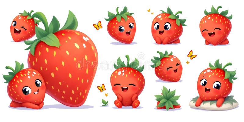 Adorable Strawberry Characters Collection with Cute Faces and ...