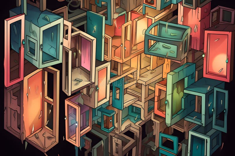 Creating a Surreal World of Floating Doors with Colorful Designs Stock ...