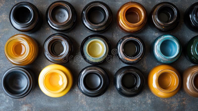 Top View of Multicolored Ceramic Pots in Neat Rows on Stone Surface ...