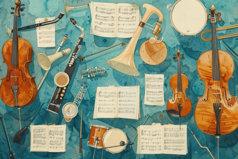 A Vibrant Collection of Musical Instruments and Sheet Music Arranged on ...
