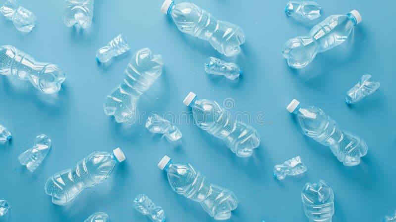 A Vibrant Collection of Plastic Water Bottles Scattered on a Blue ...