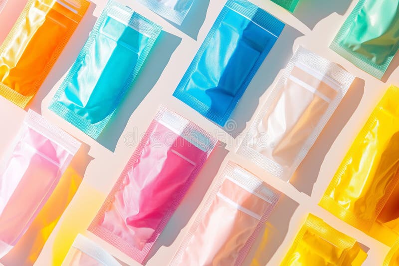 Colorful Packets of Powdered Drink Mixes Arranged Neatly on a Light ...