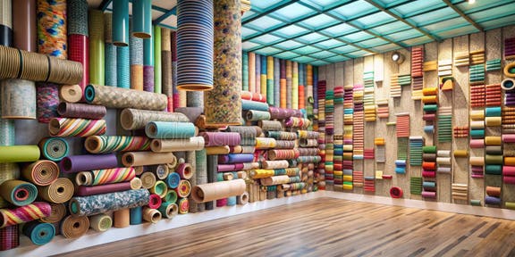 A Vibrant Collection of Rolled Textiles in Assorted Colors and Patterns Displayed on Walls ...